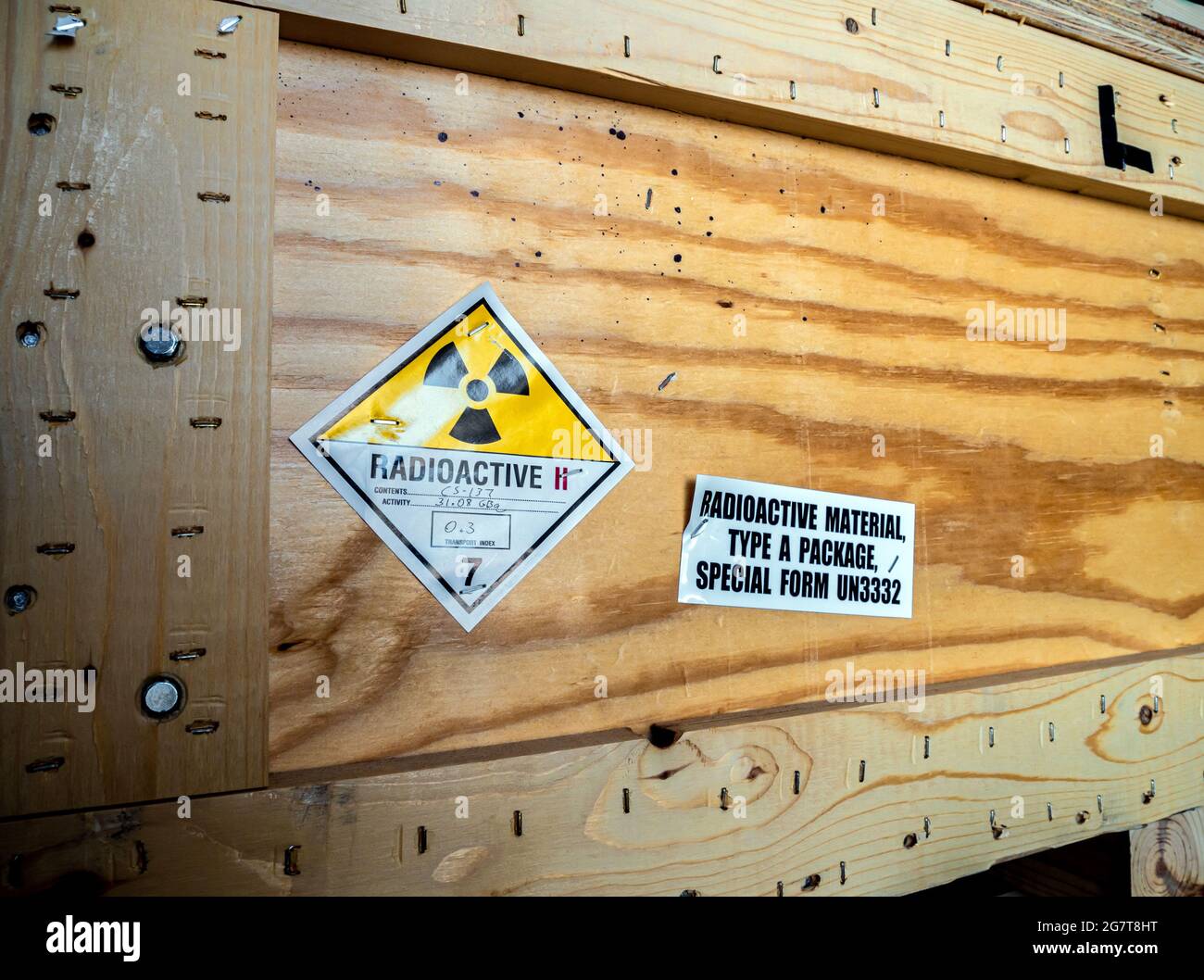 Radioactive material label beside the transportation wooden box Type A ...