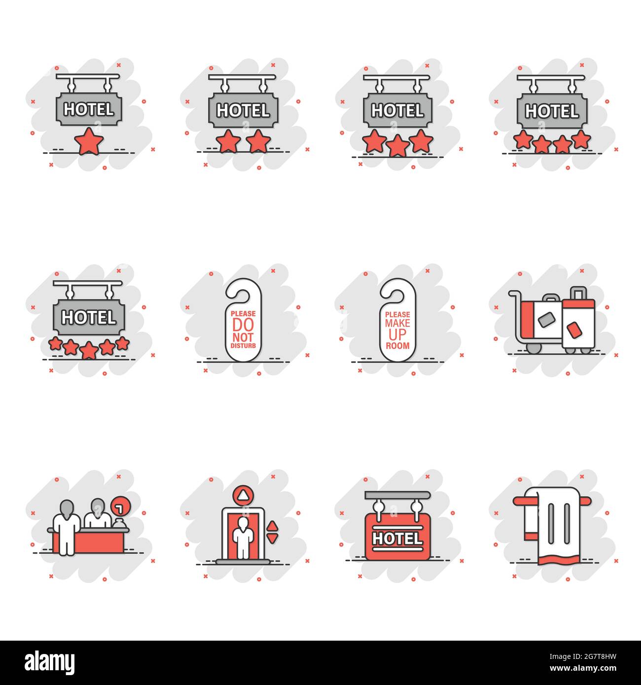 Hotel icon set in comic style. Booking cartoon vector illustration on ...