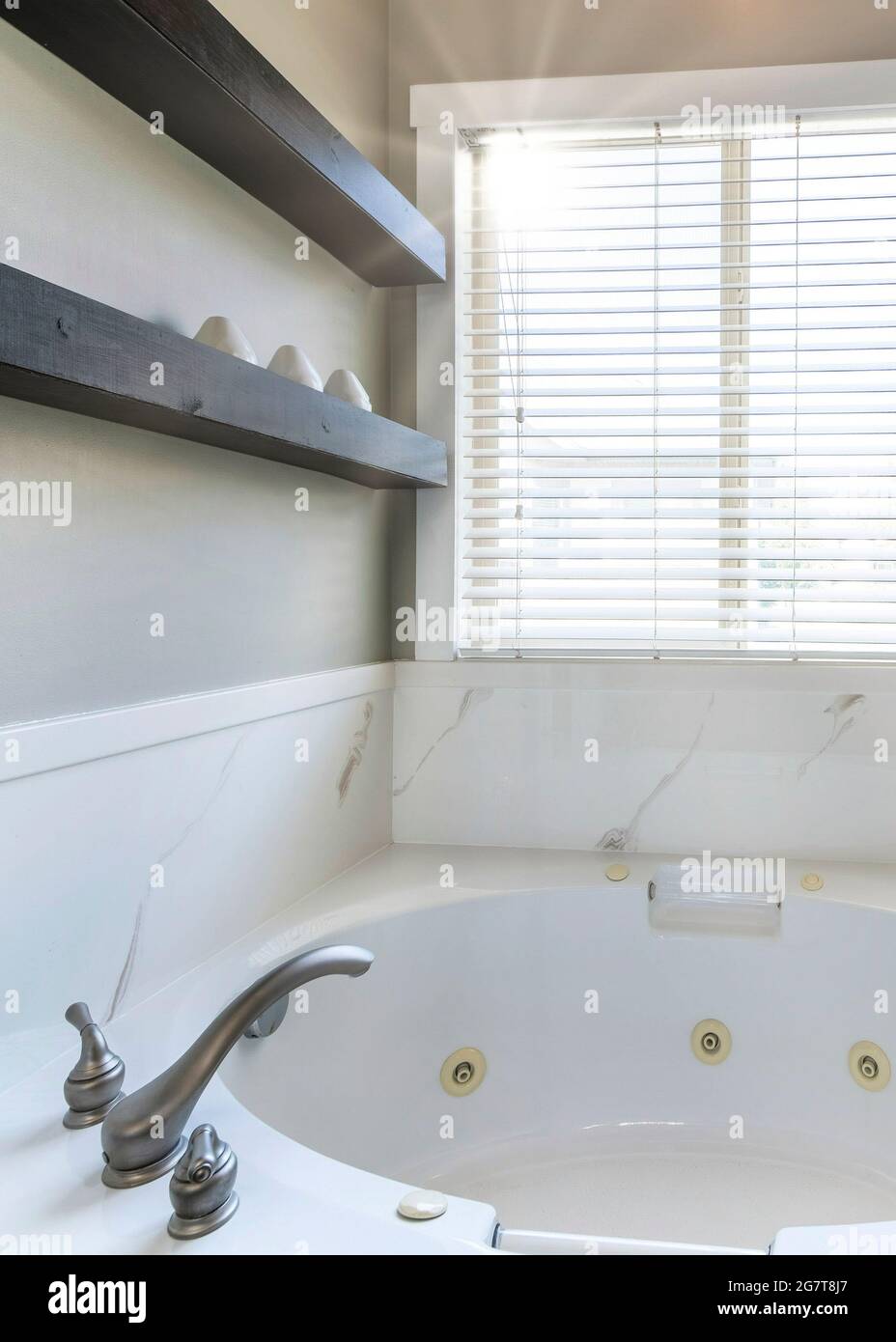 Vertical Bathtub with marble surround inside a bathroom against the ...