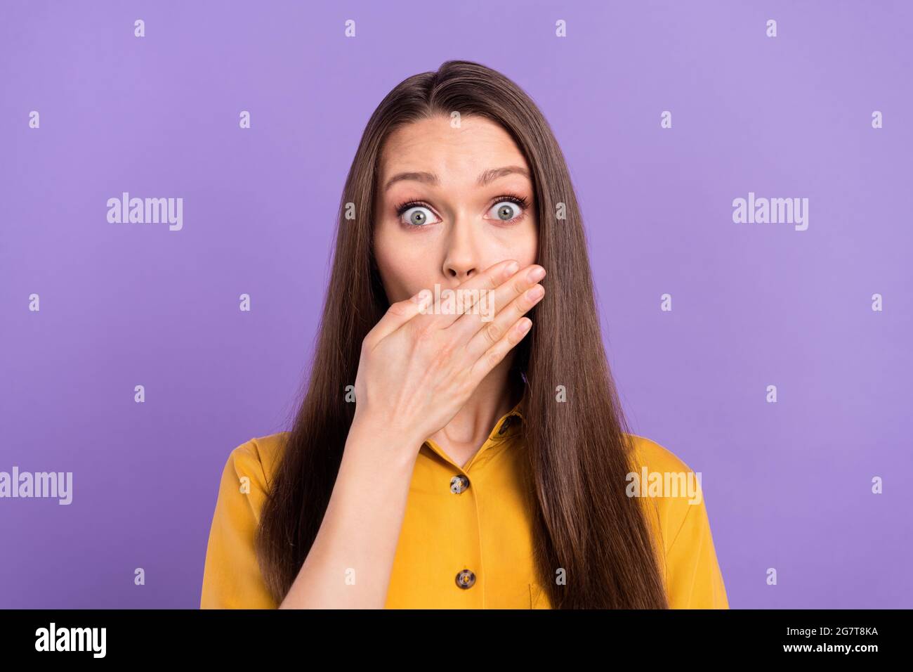 Photo of stressed young lady close lips wear yellow shirt isolated on ...
