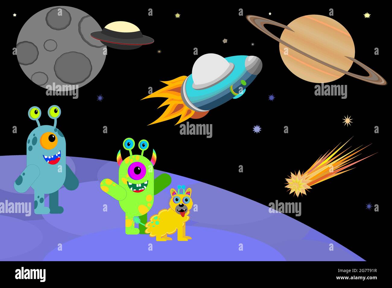 Two cute aliens and alien dog in an outer space landscape with UFO’s ...