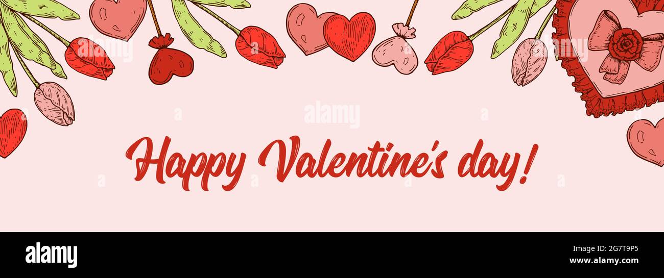 Valentines day horizontal greeting card with hand drawn elements ...