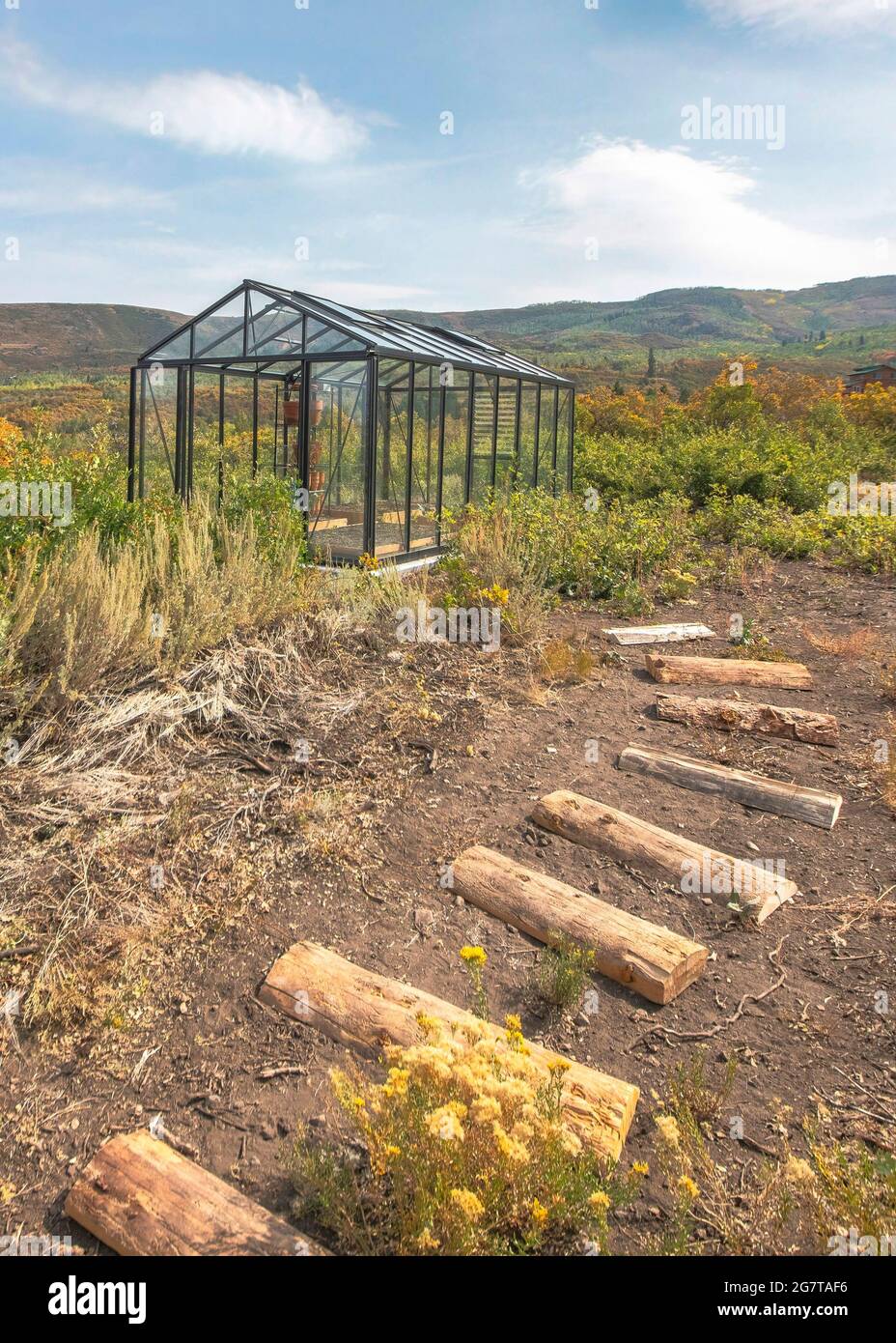 Vertical Empty exterior with a house that has glass as roofings and ...