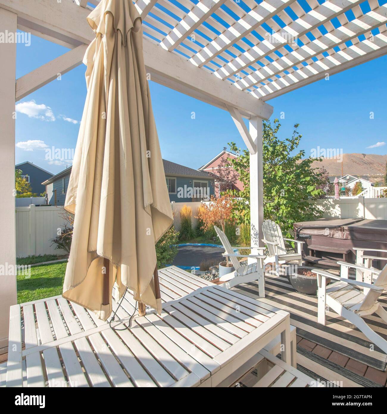 Square frame Empty patio exterior of a house and a table that has a ...