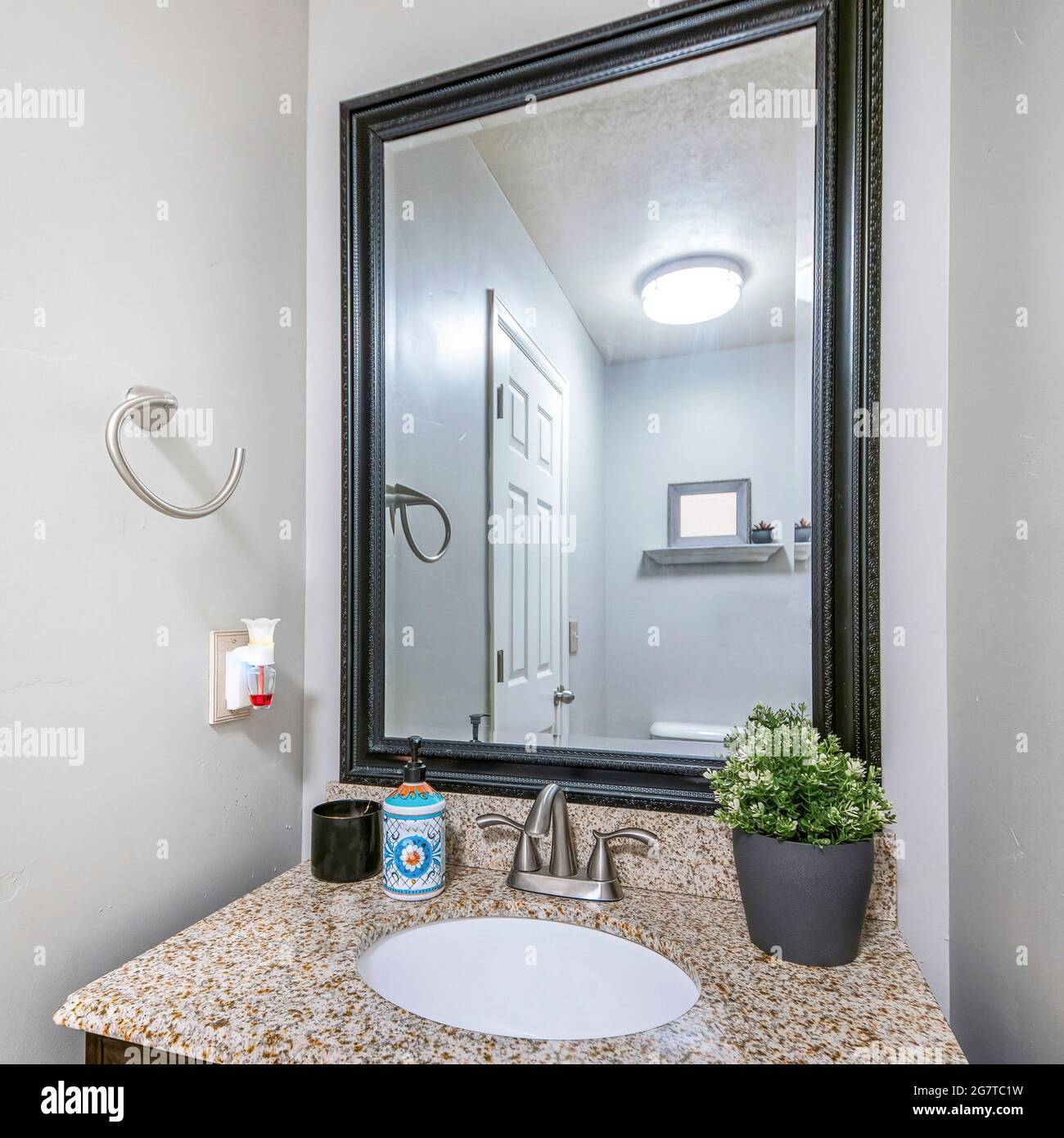 Square frame Single vanity sink with framed mirror and granite ...