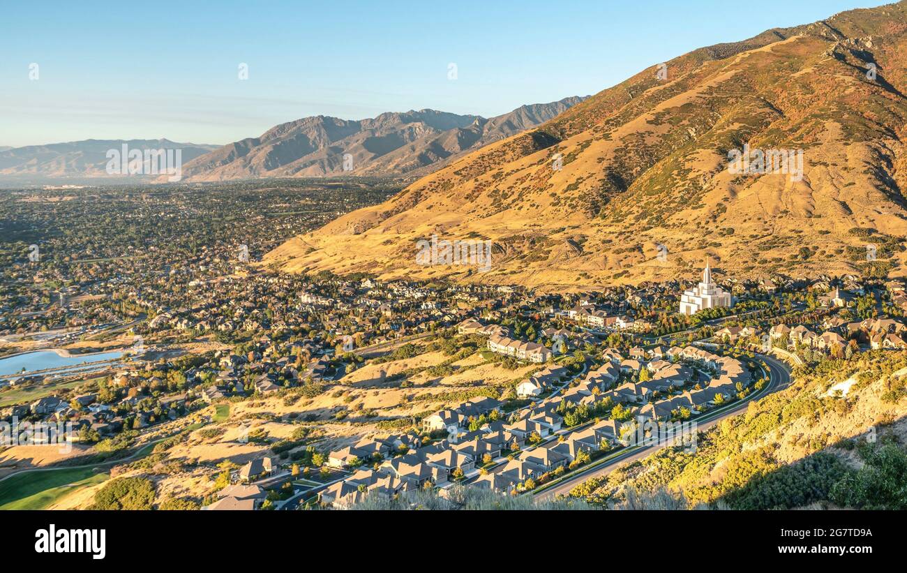 Pano Top view of Draper City in Utah with a clear blue sky background ...