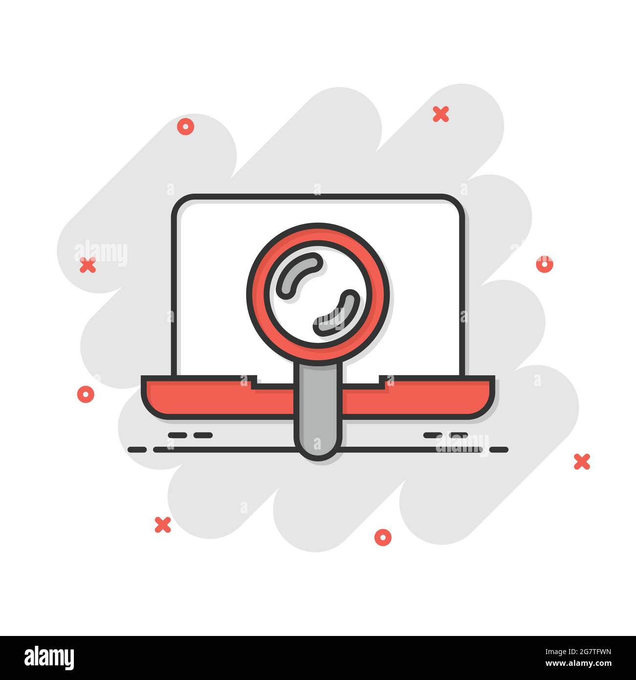 Computer search icon in comic style. Laptop with magnifying glass ...