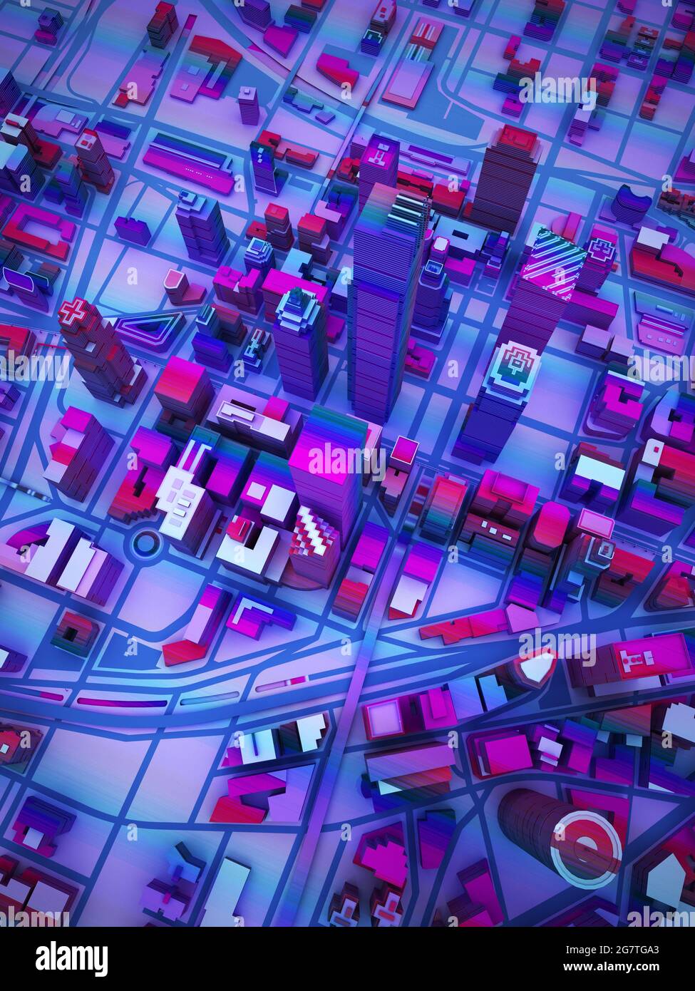 abstact city in cyberpunk gradient colors above view. 3d rendering ...