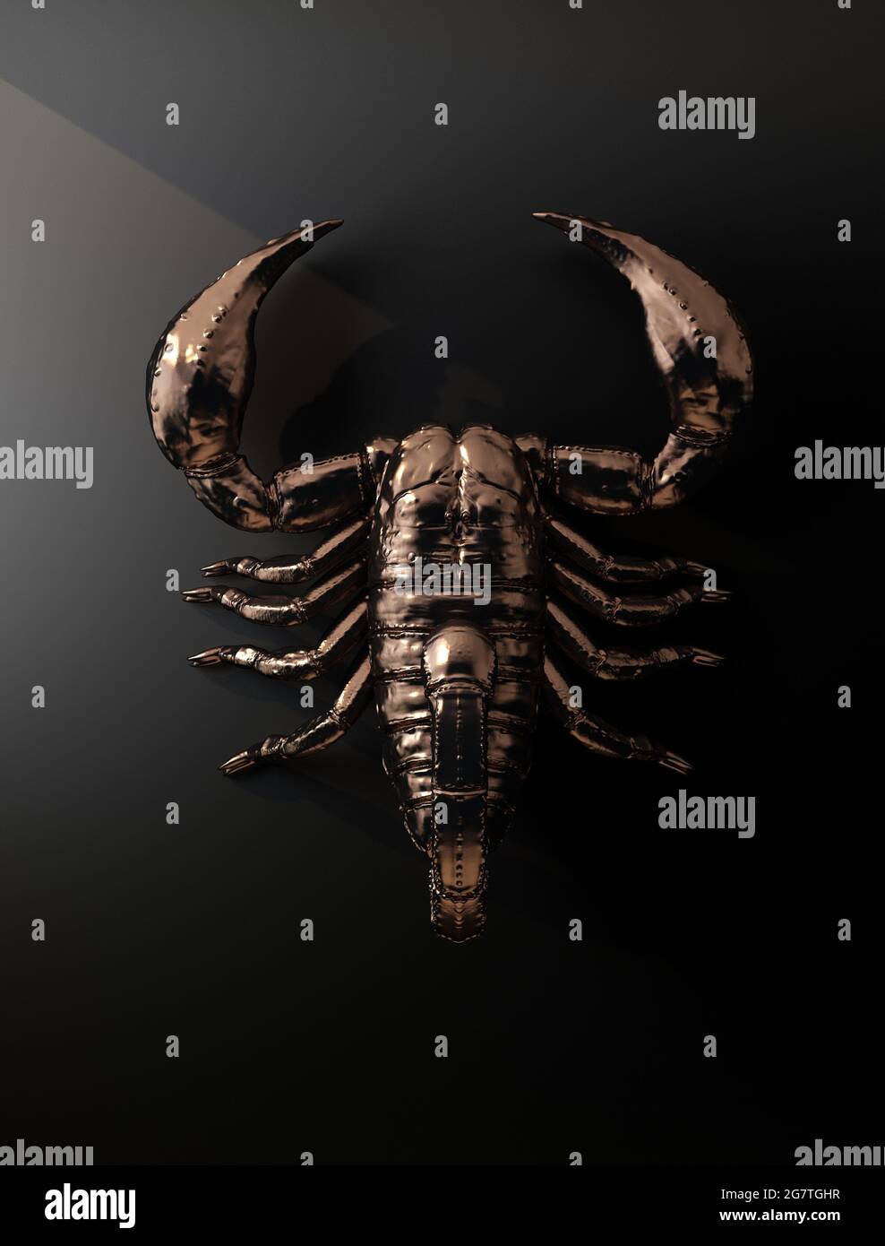 copper scorpion illuminated by a beam of light in the dark. 3d ...
