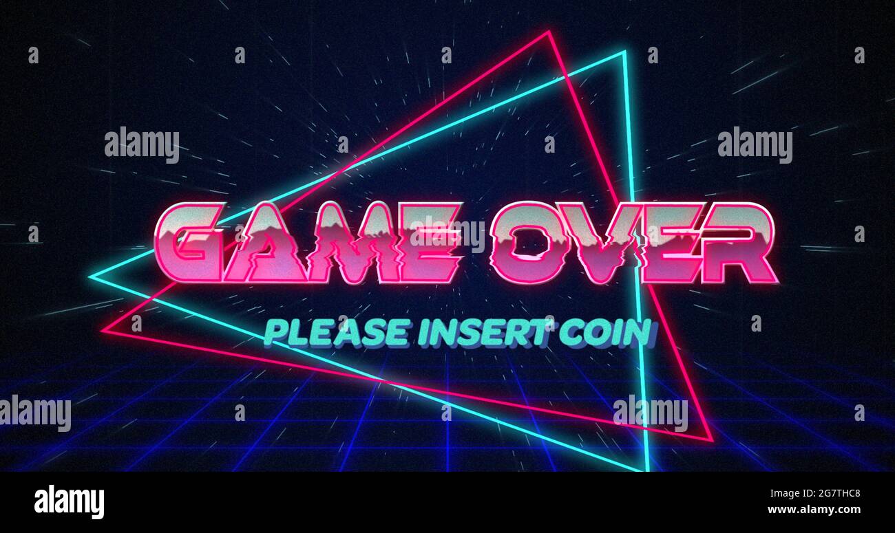 Retro Game over text glitching over blue and red triangles on white ...