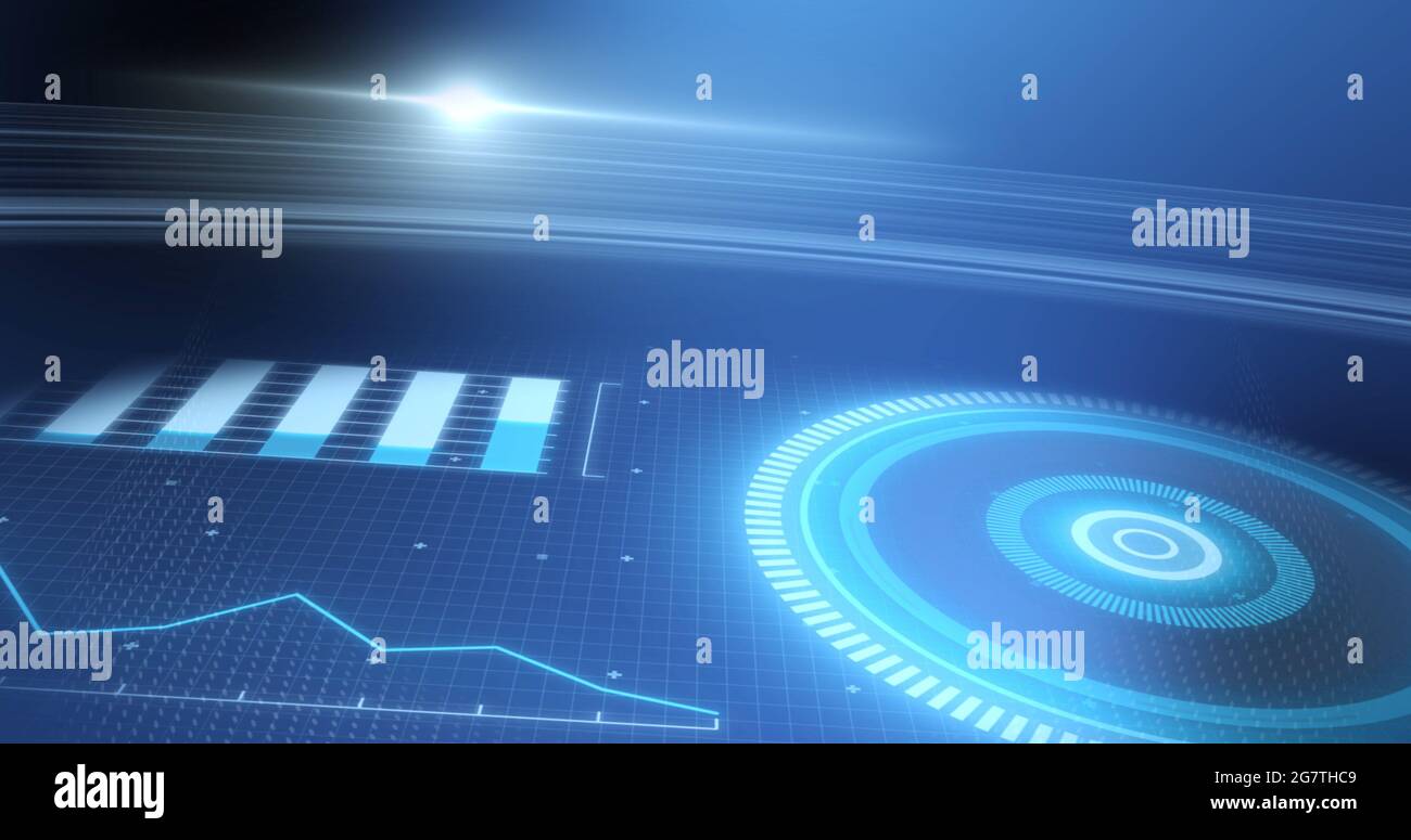 Image of statistics recording and scope scanning over blue background ...