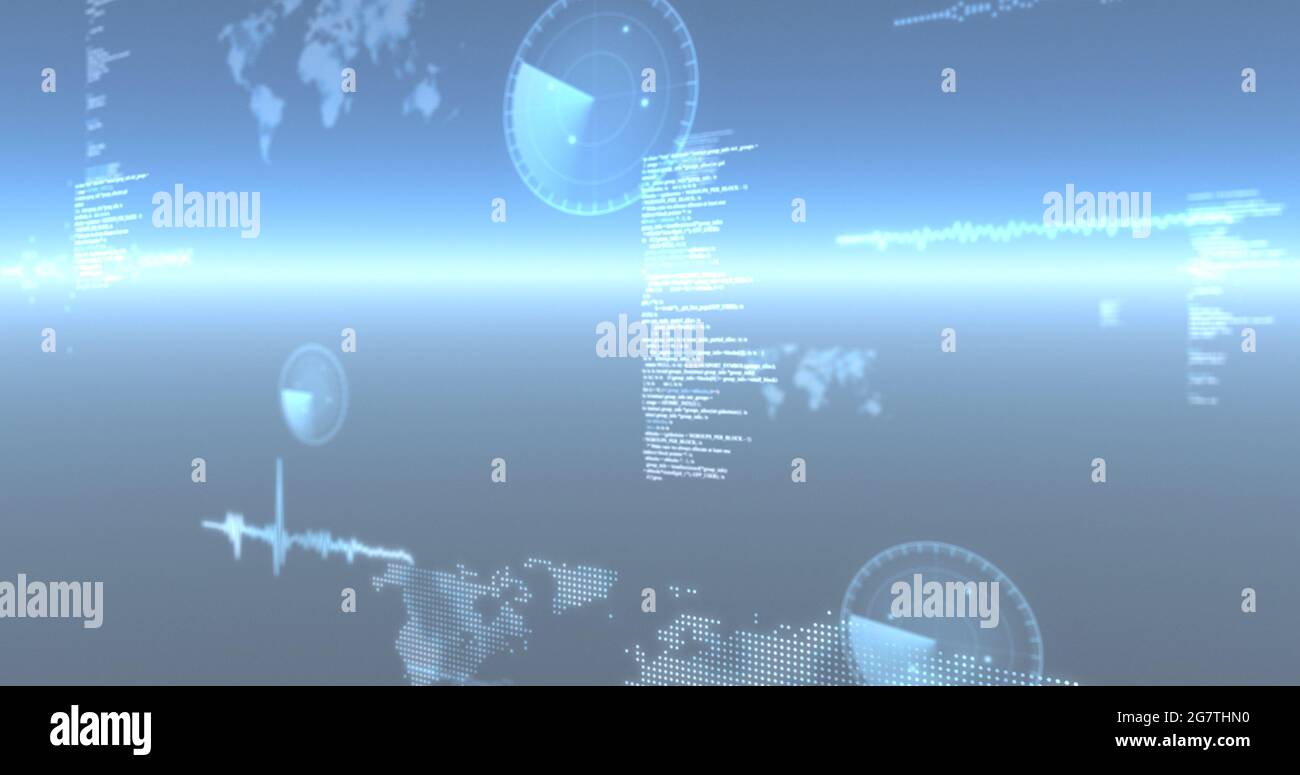 Image of data processing, world maps and statistics recording over ...