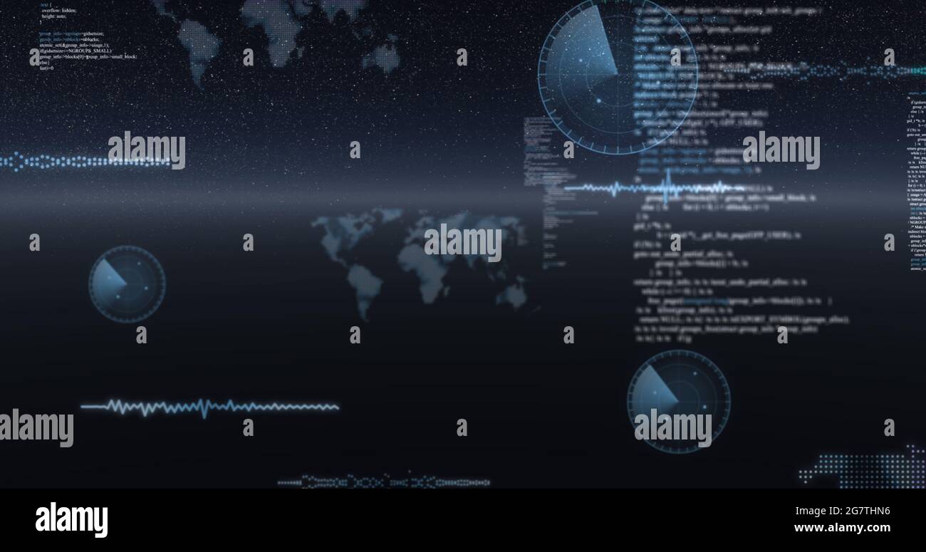 Image of data processing, world maps and statistics recording over ...