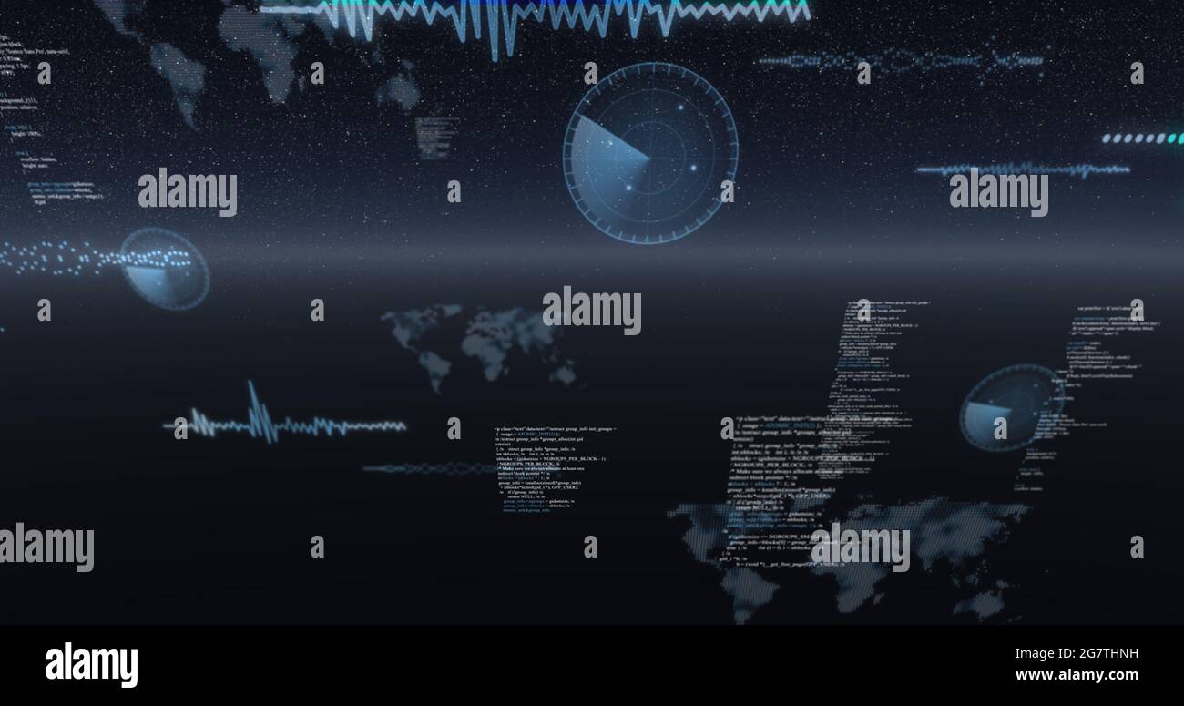 Image of data processing, world maps and statistics recording over ...