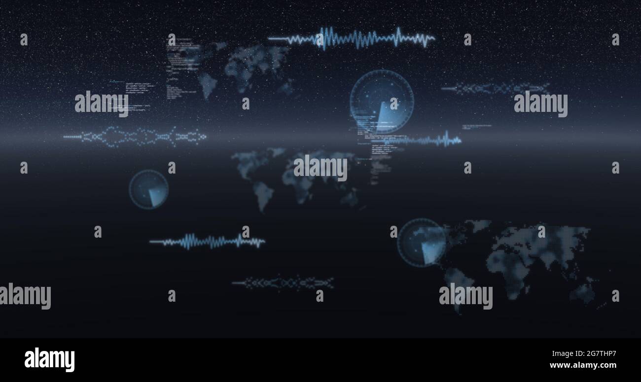 Image of data processing, world maps and statistics recording over ...