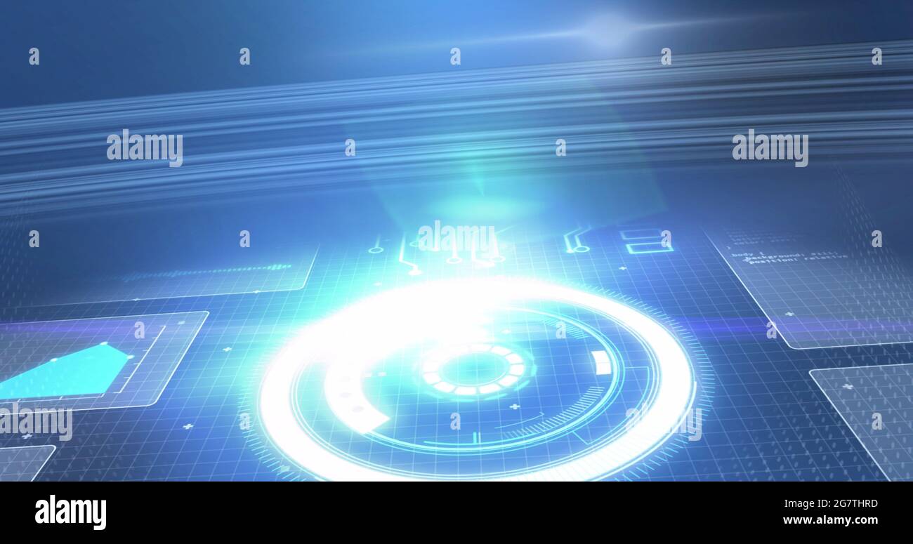Image of statistics recording and scope scanning on screens over blue ...