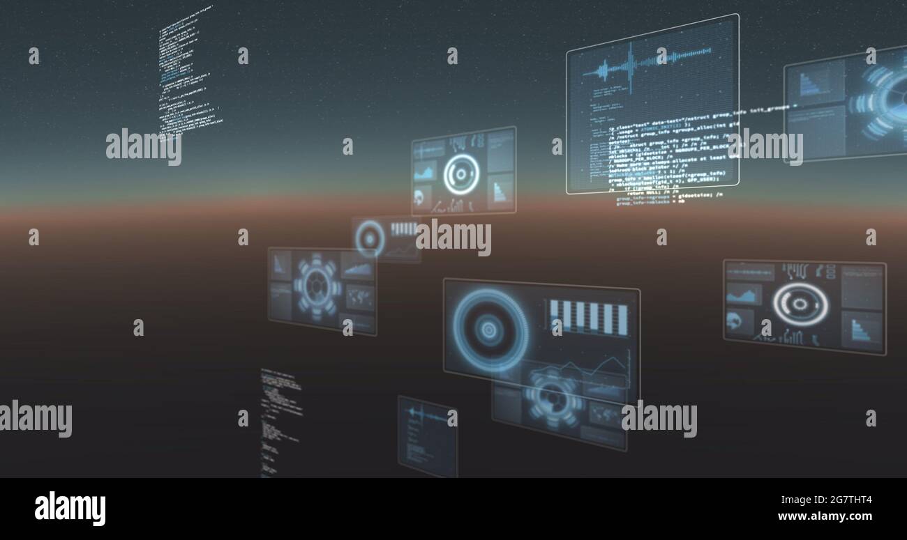 Image of data processing and scopes scanning on screens over gradient background Stock Photo - Alamy