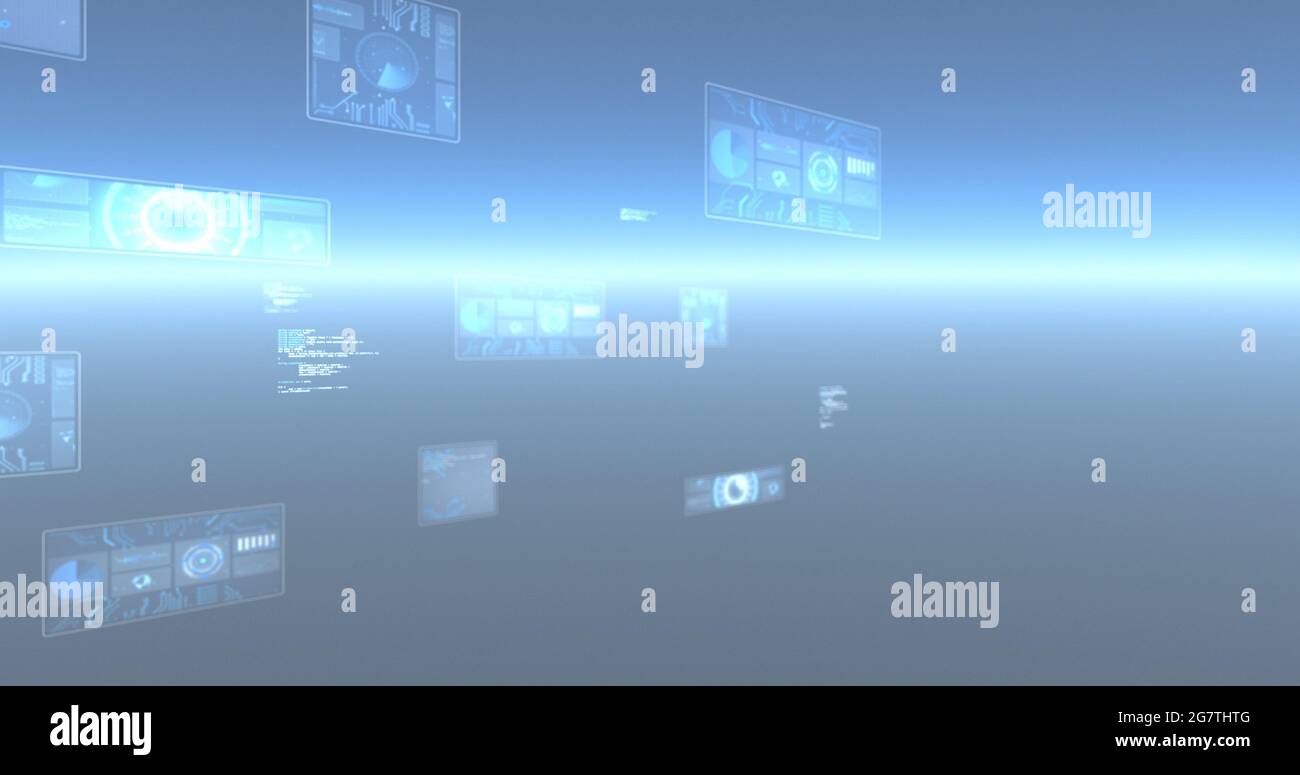 Image of data processing and scopes scanning on screens over glowing blue background Stock Photo ...