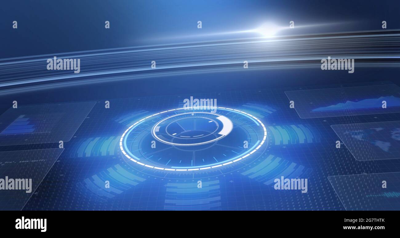 Image of scope scanning and data processing on screens over blue ...