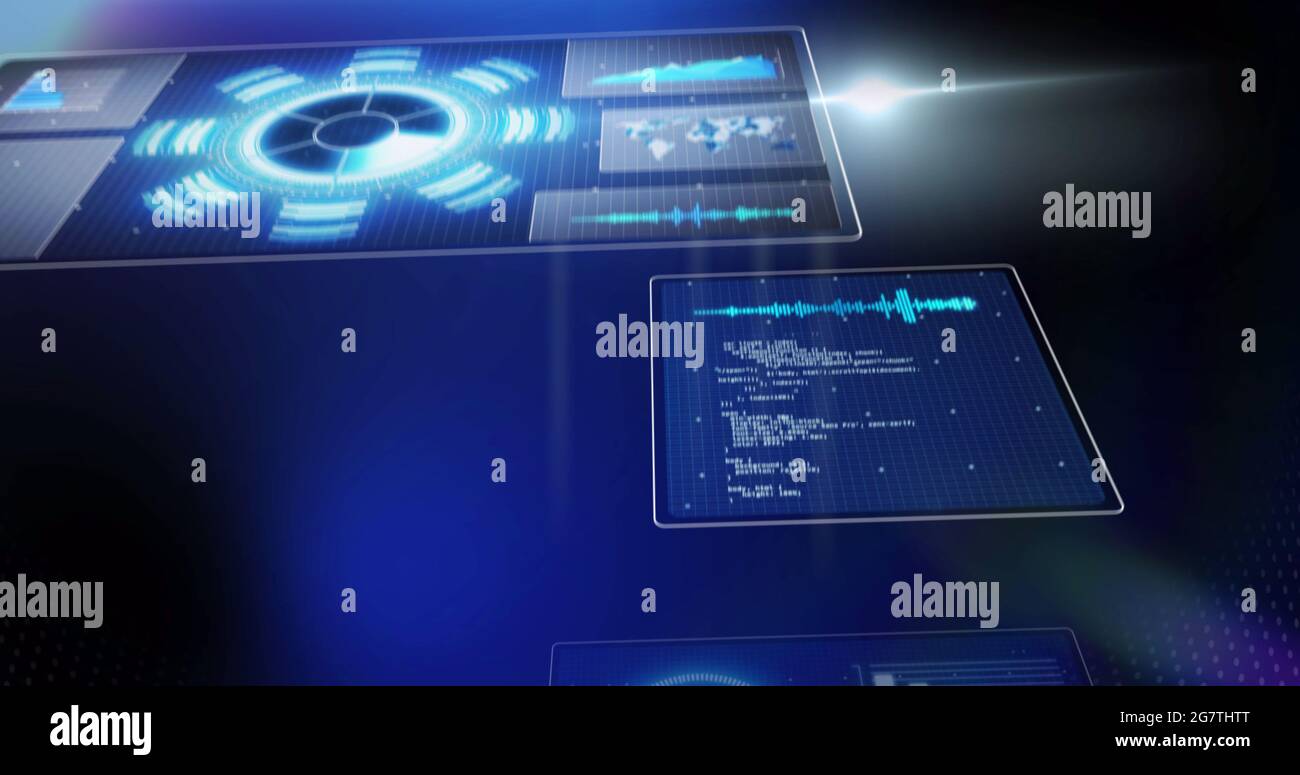 Image of scope scanning, statistics recording and data processing on screens on blue background ...