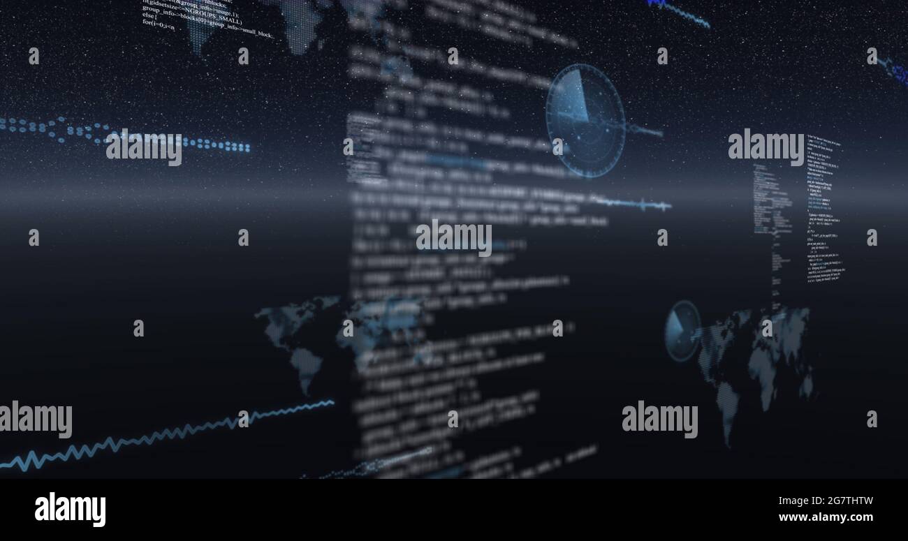 Image of data processing, world maps and statistics recording over ...