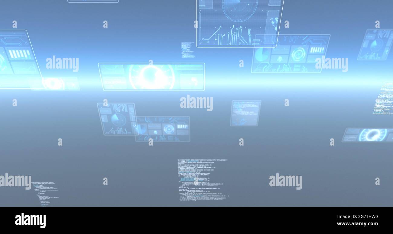 Image of data processing and scopes scanning on screens over glowing blue background Stock Photo ...