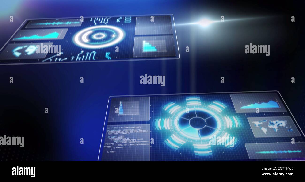 Image of scope scanning, statistics recording and data processing on screens on blue background ...