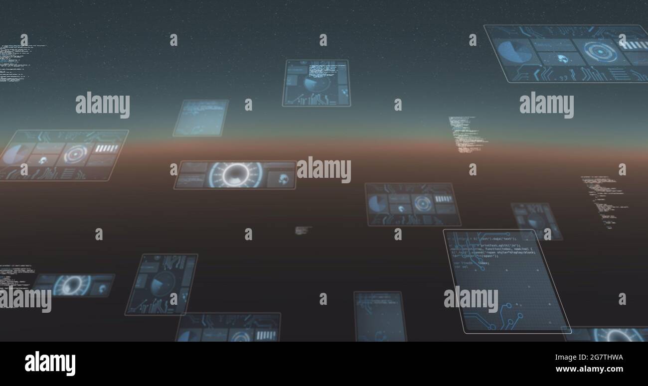 Image of data processing and scopes scanning on screens over gradient background Stock Photo - Alamy