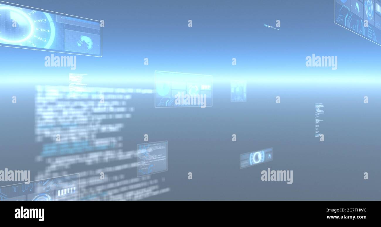 Image of data processing and scopes scanning on screens over glowing blue background Stock Photo ...