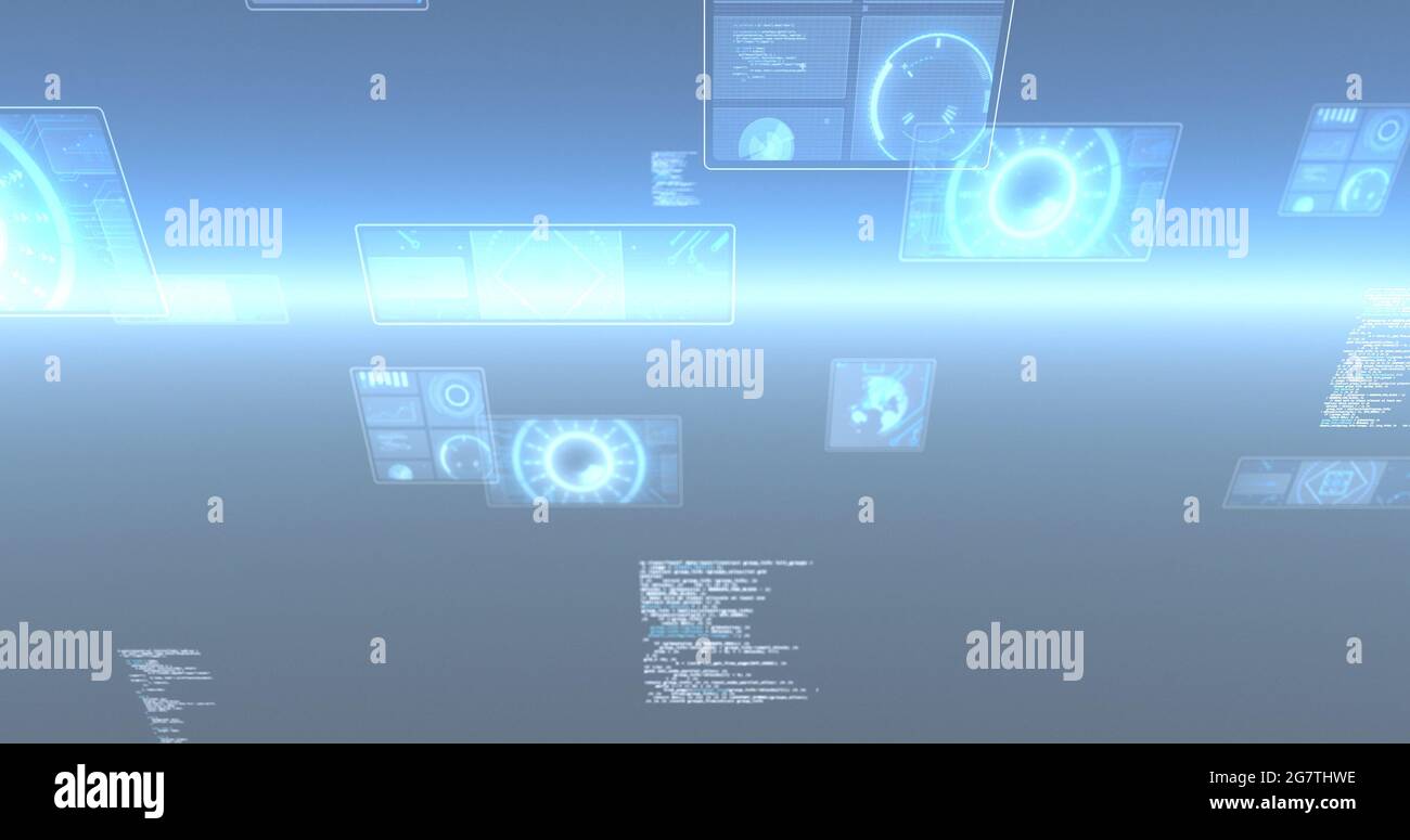 Image of data processing and scopes scanning on screens over glowing blue background Stock Photo ...