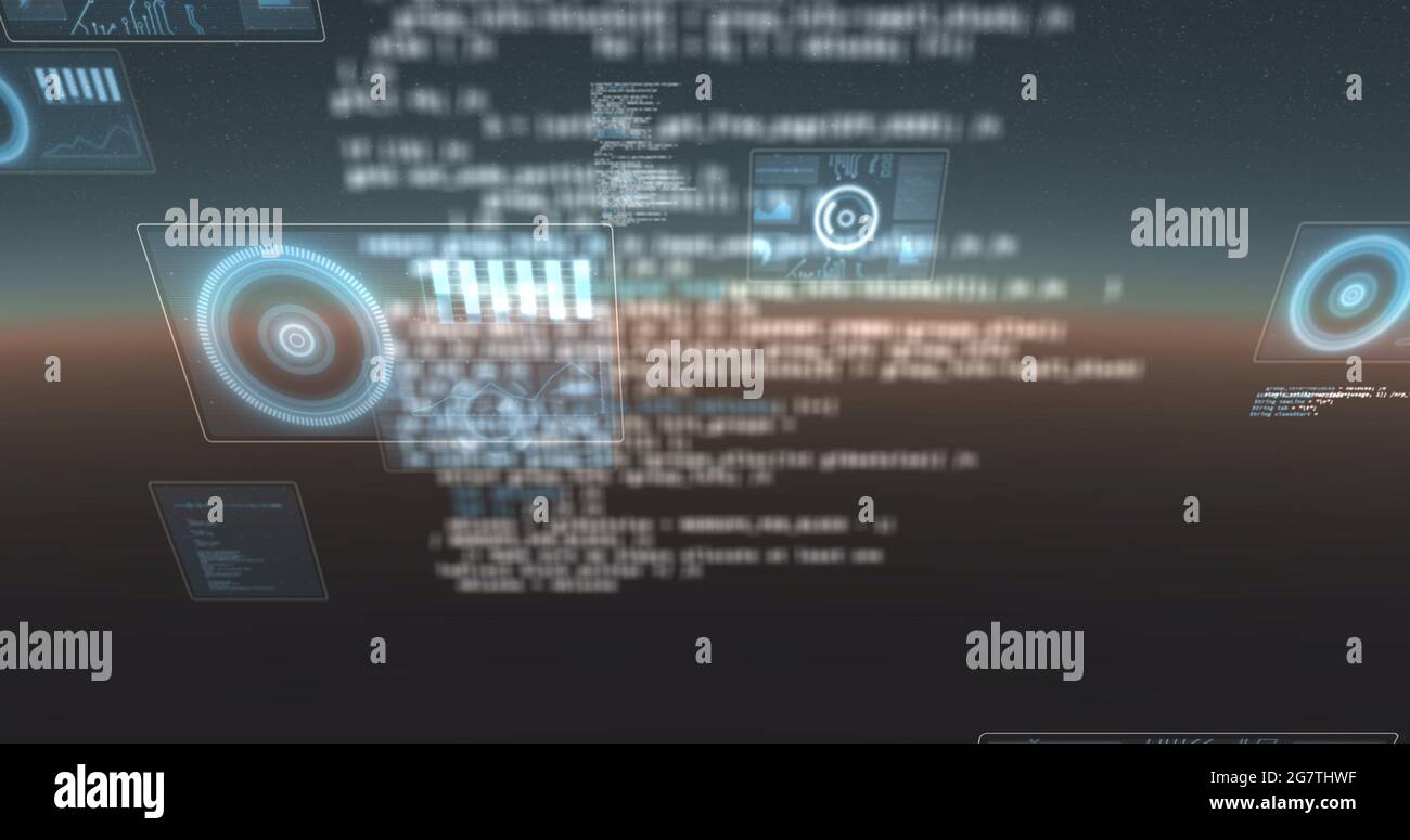 Image of data processing and scopes scanning on screens over gradient ...