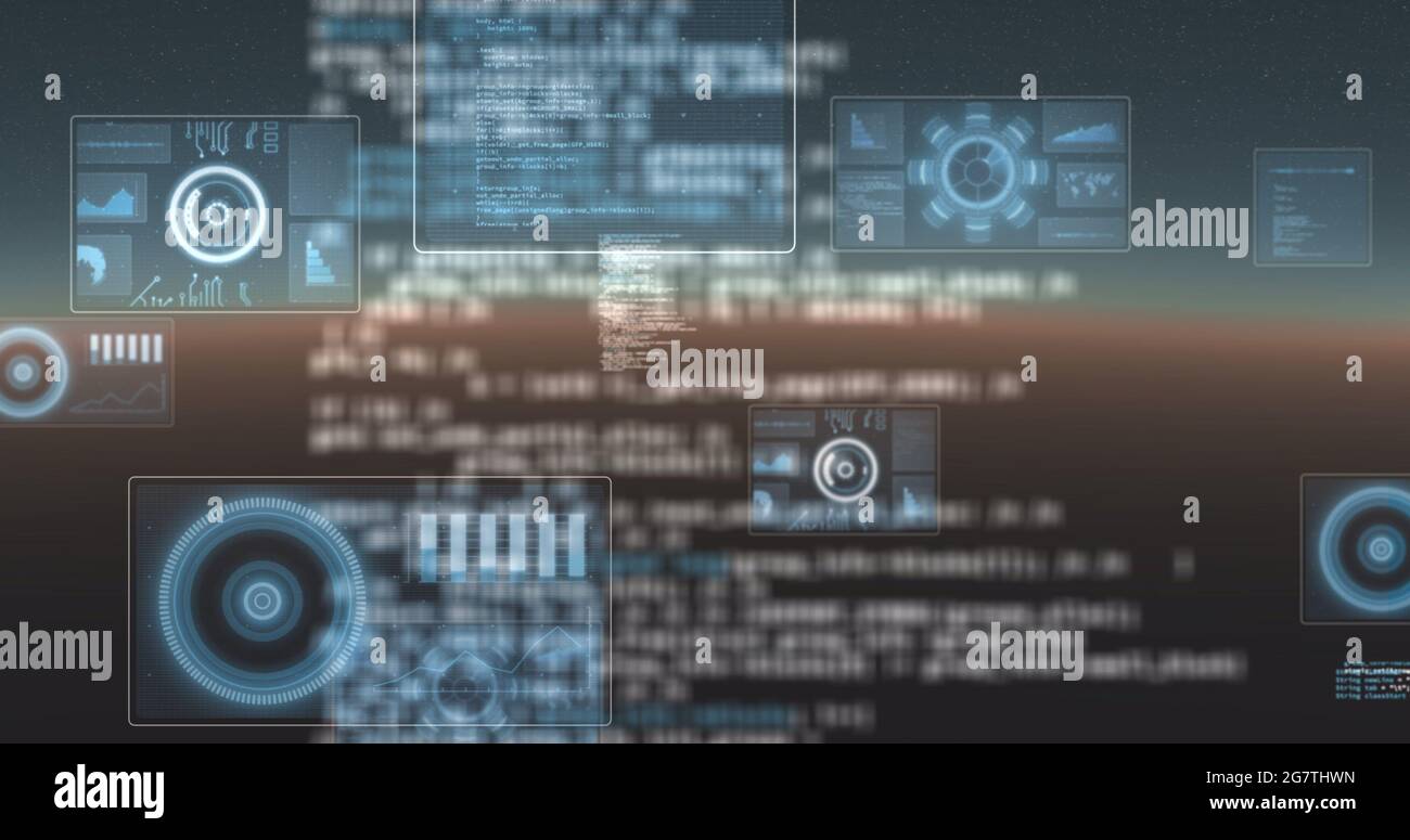 Image of data processing and scopes scanning on screens over gradient background Stock Photo - Alamy