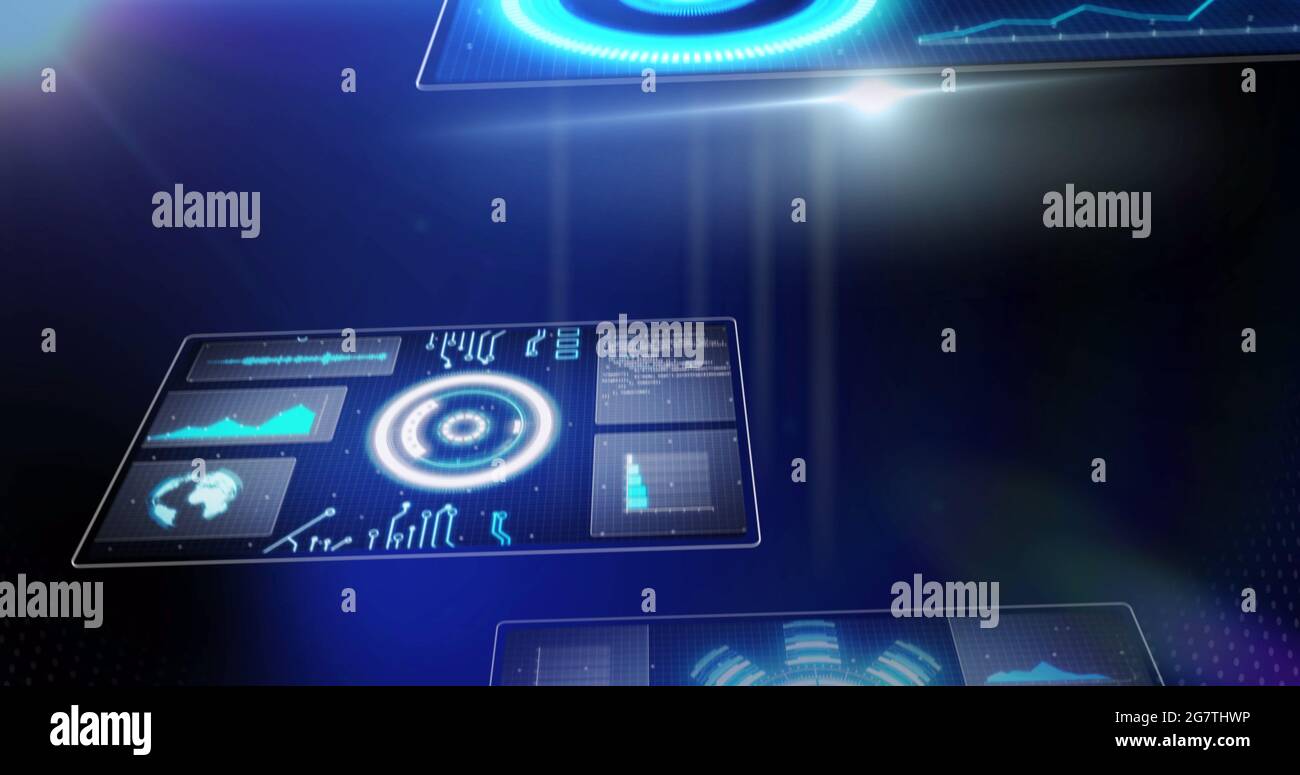 Image of scope scanning, statistics recording and data processing on screens on blue background ...