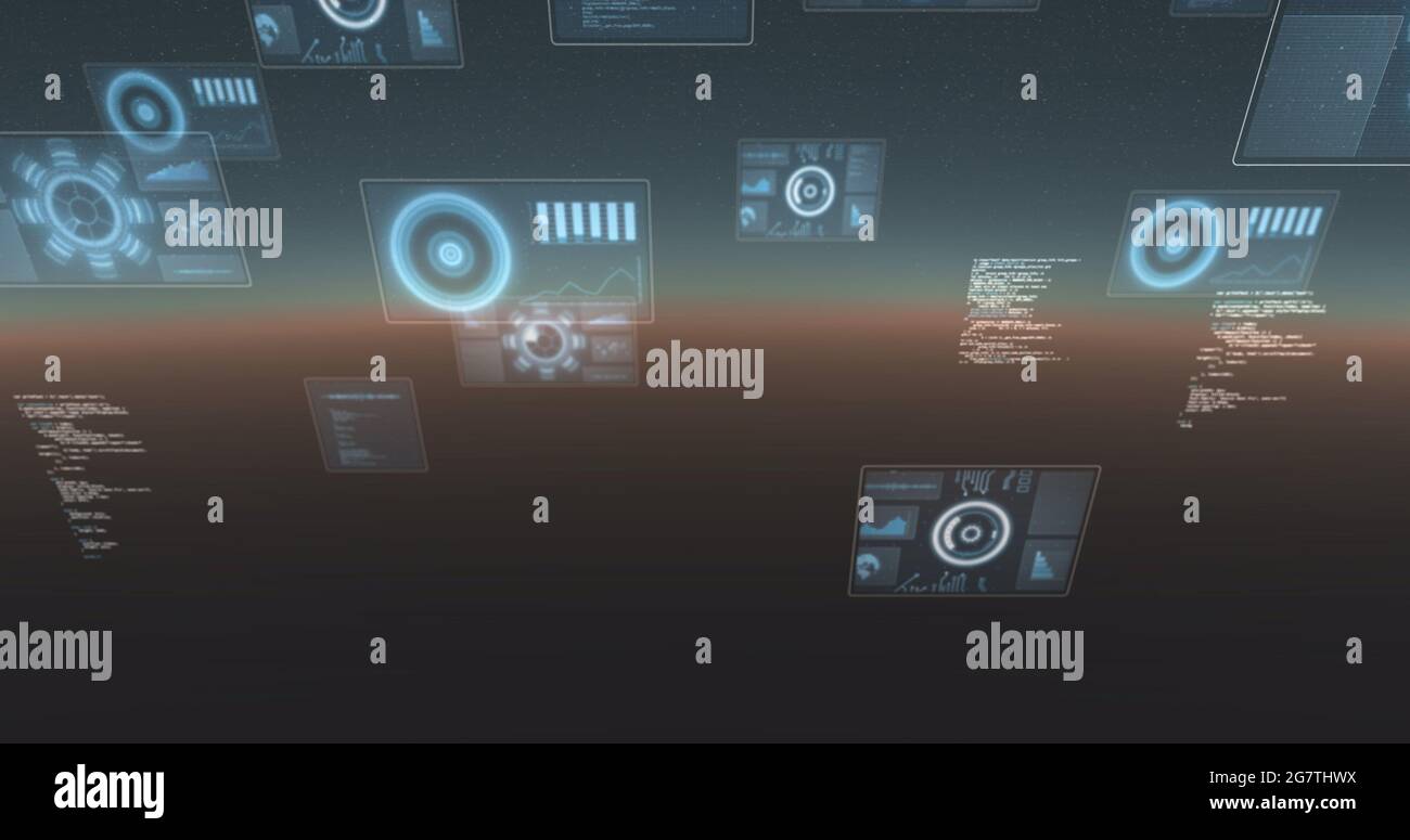 Image of data processing and scopes scanning on screens over gradient background Stock Photo - Alamy