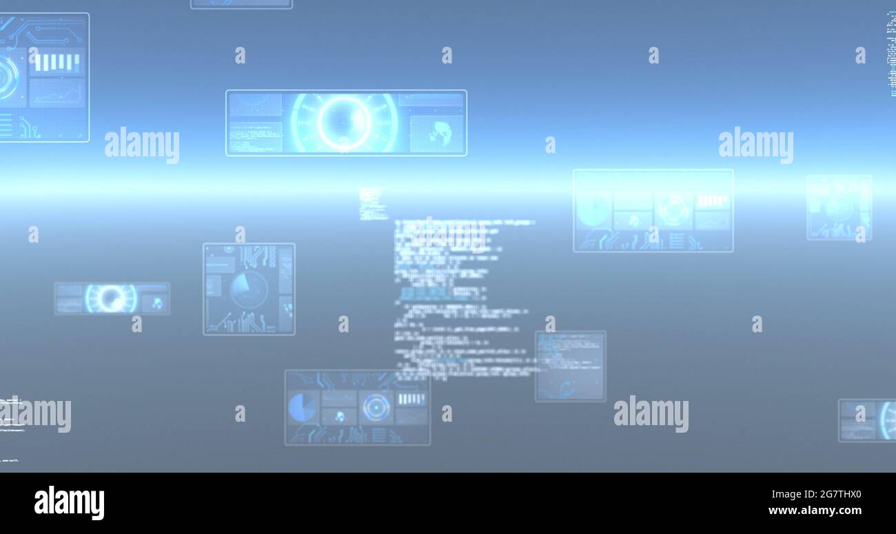 Image of data processing and scopes scanning on screens over glowing blue background Stock Photo ...