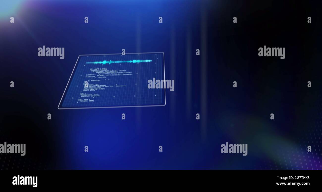 Image of scope scanning, statistics recording and data processing on screens on blue background ...