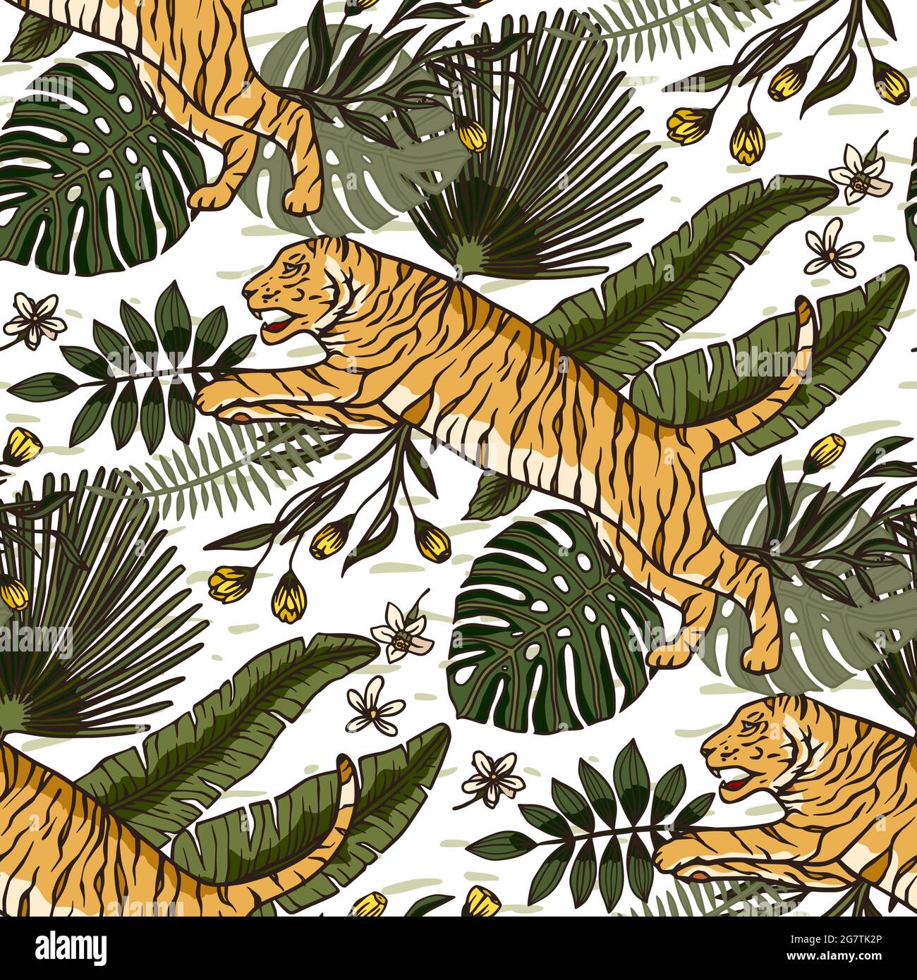 Jungle tiger exotic tropical seamless pattern. Animal floral nature ...