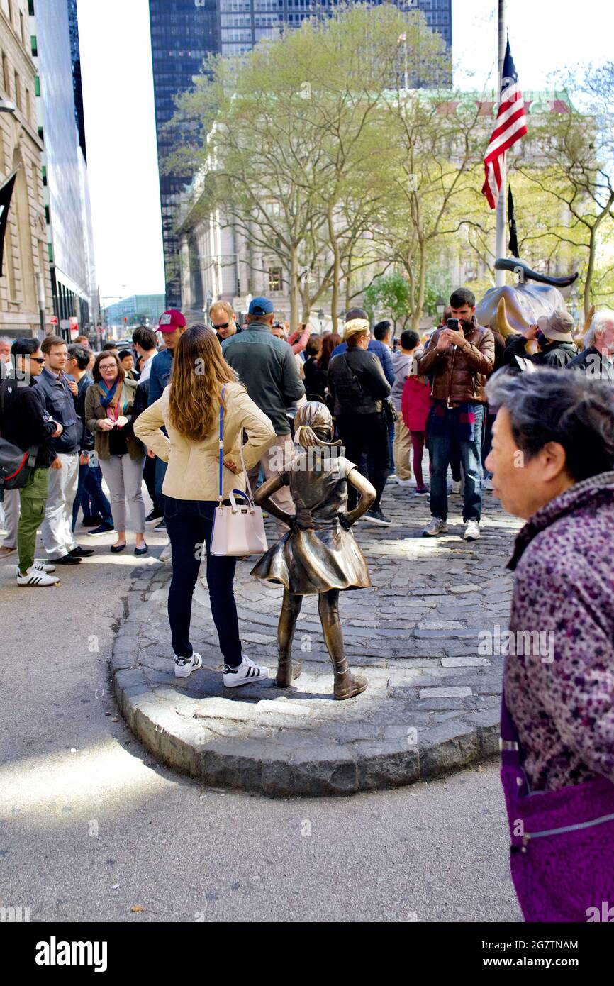 Fearless Girl bronze statue in the financial district in lower ...