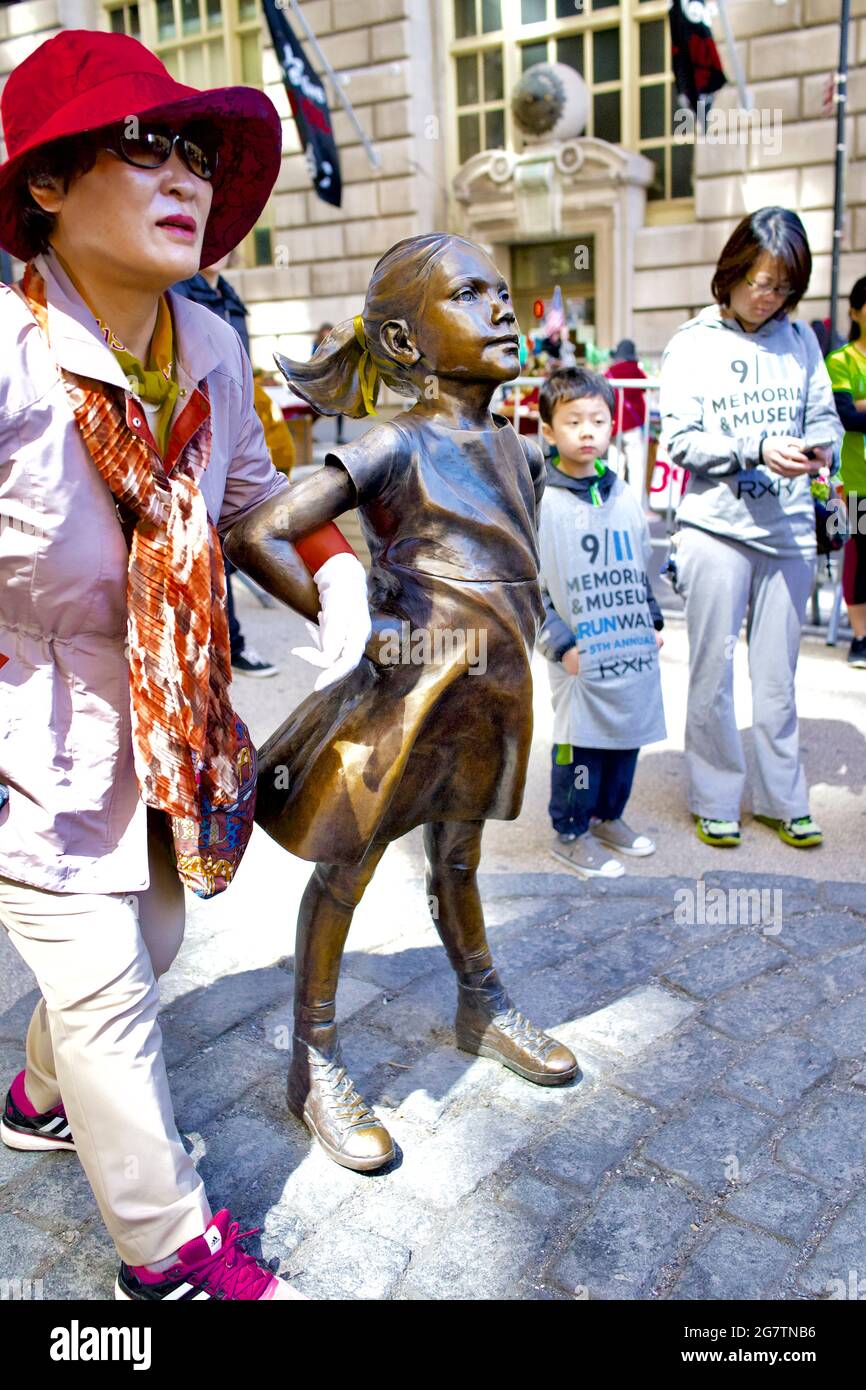 Fearless Girl bronze statue in the financial district in lower ...