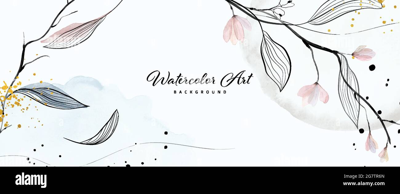 Abstract art watercolor gentle flower leaves and gold drops for nature ...