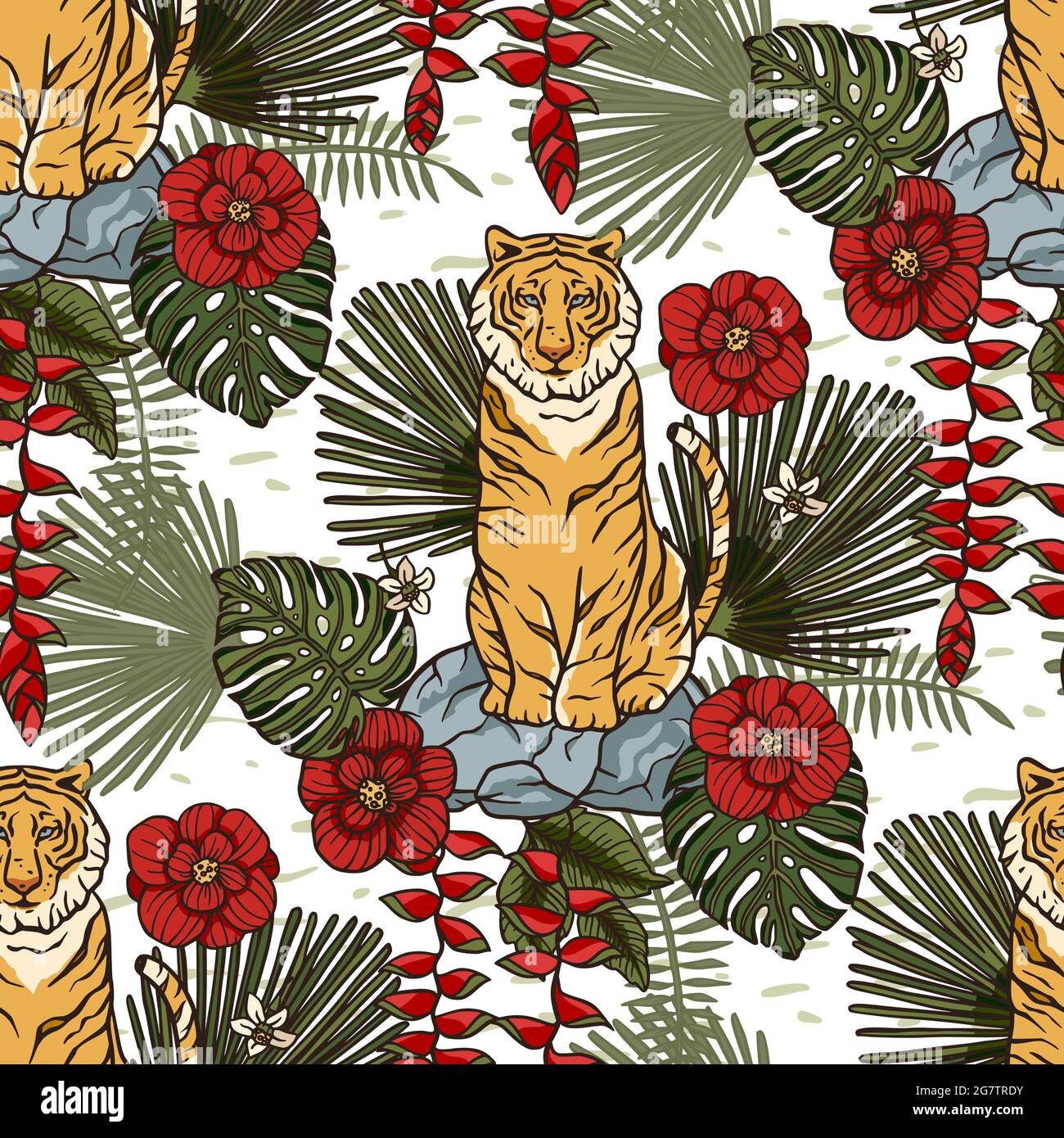 Jungle tiger exotic tropical seamless pattern with rose flower. Animal ...