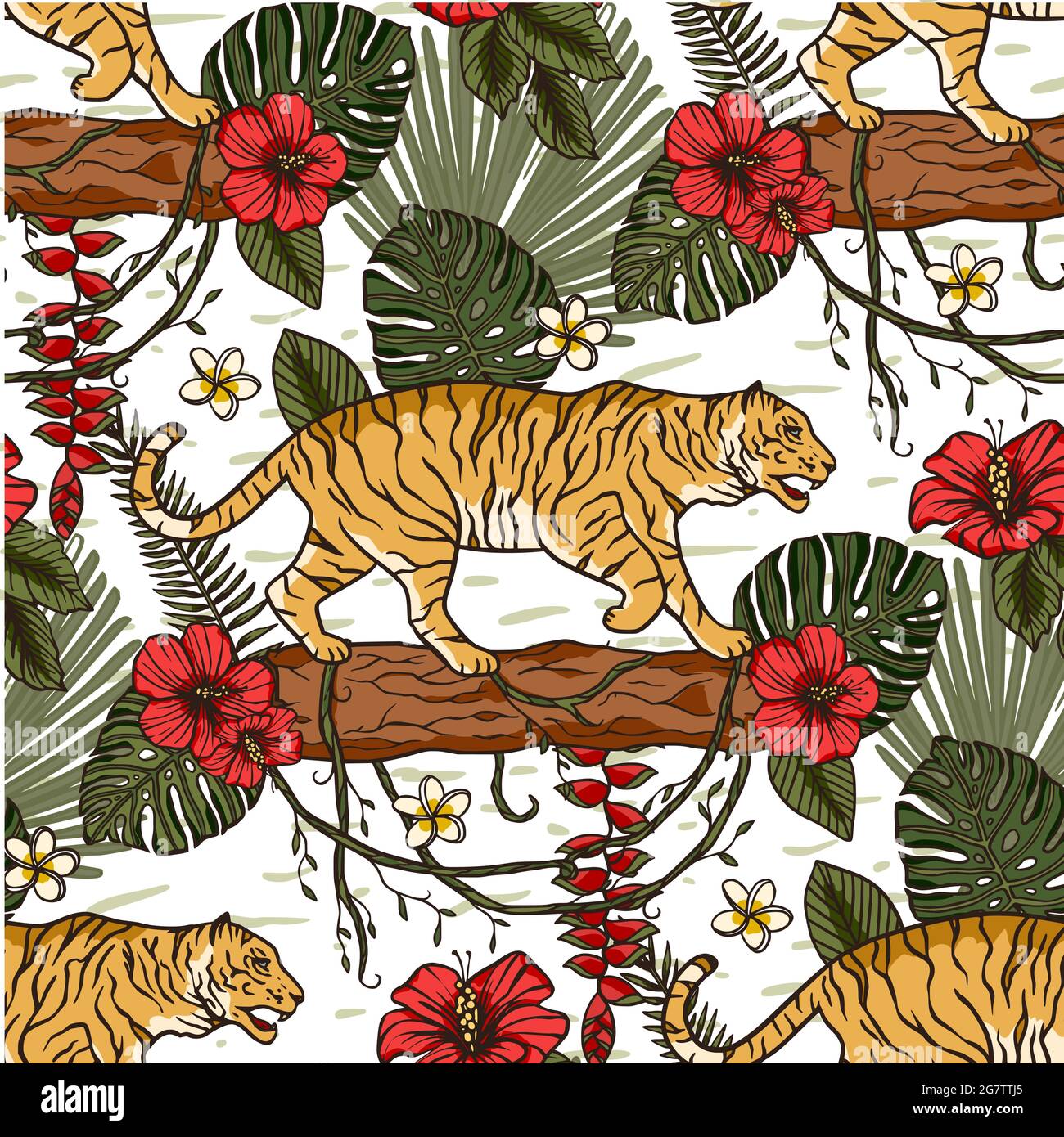 Jungle tiger exotic tropical seamless pattern with hibiscus flower ...