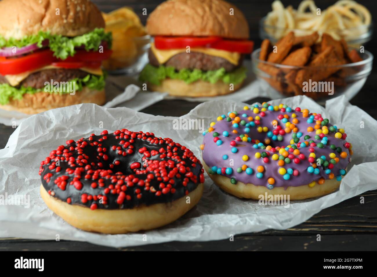 Fast food on the wooden table hi-res stock photography and images - Alamy
