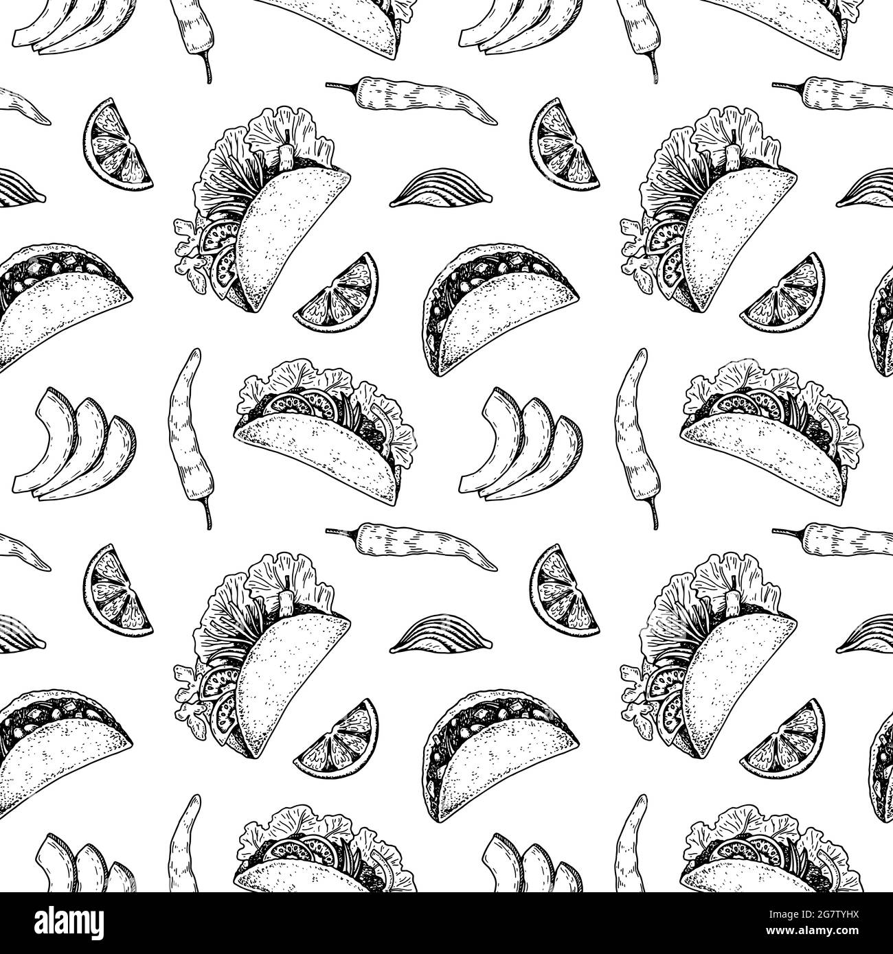 Mexican food seamless pattern with taco. Vector illustration in sketch ...