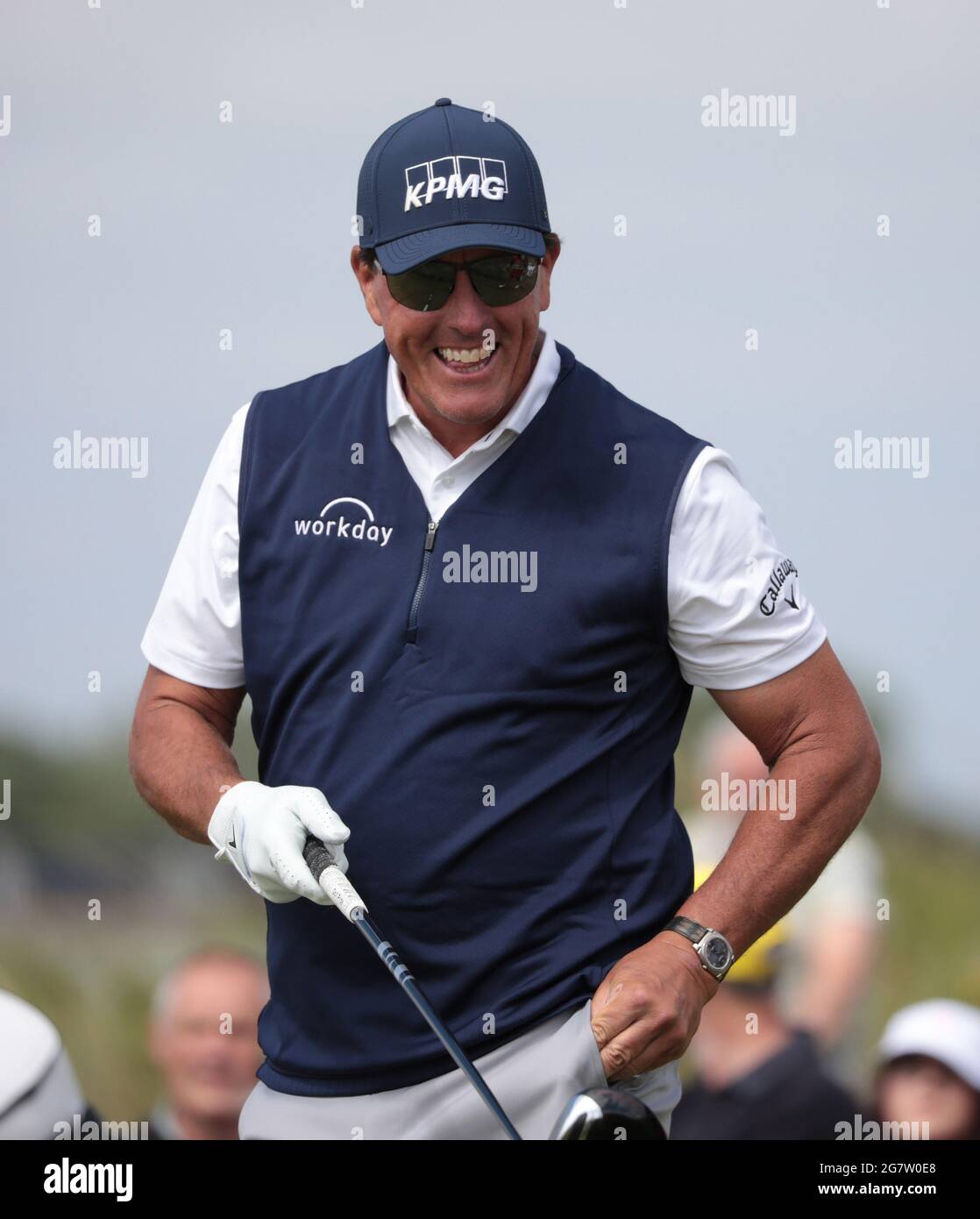 Kent, UK. Friday 16th July: Phil Mickelson of the USA smiles on the ...