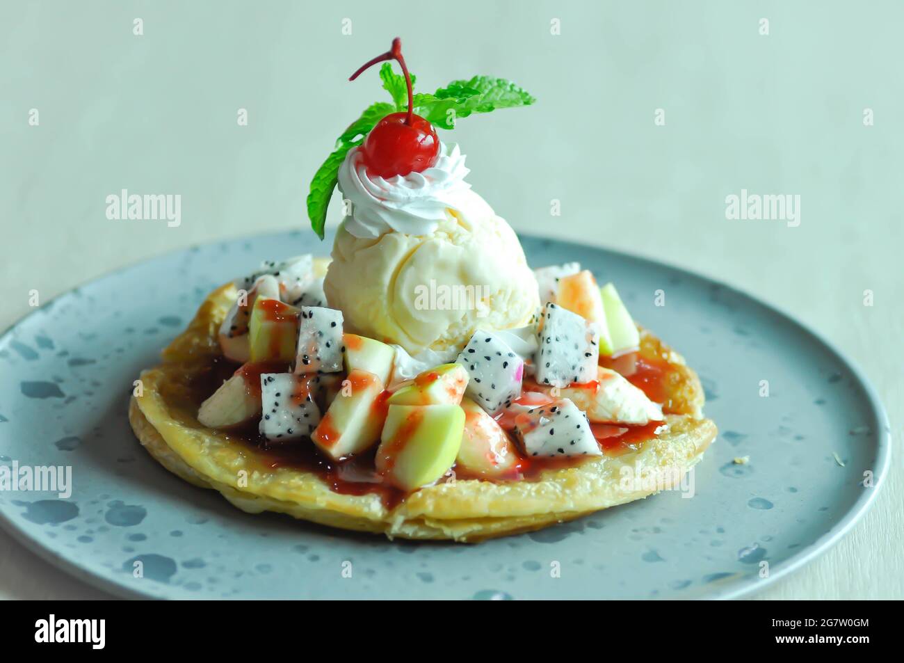 naan or roti, deep fried naan with fruit and ice cream topping Stock ...