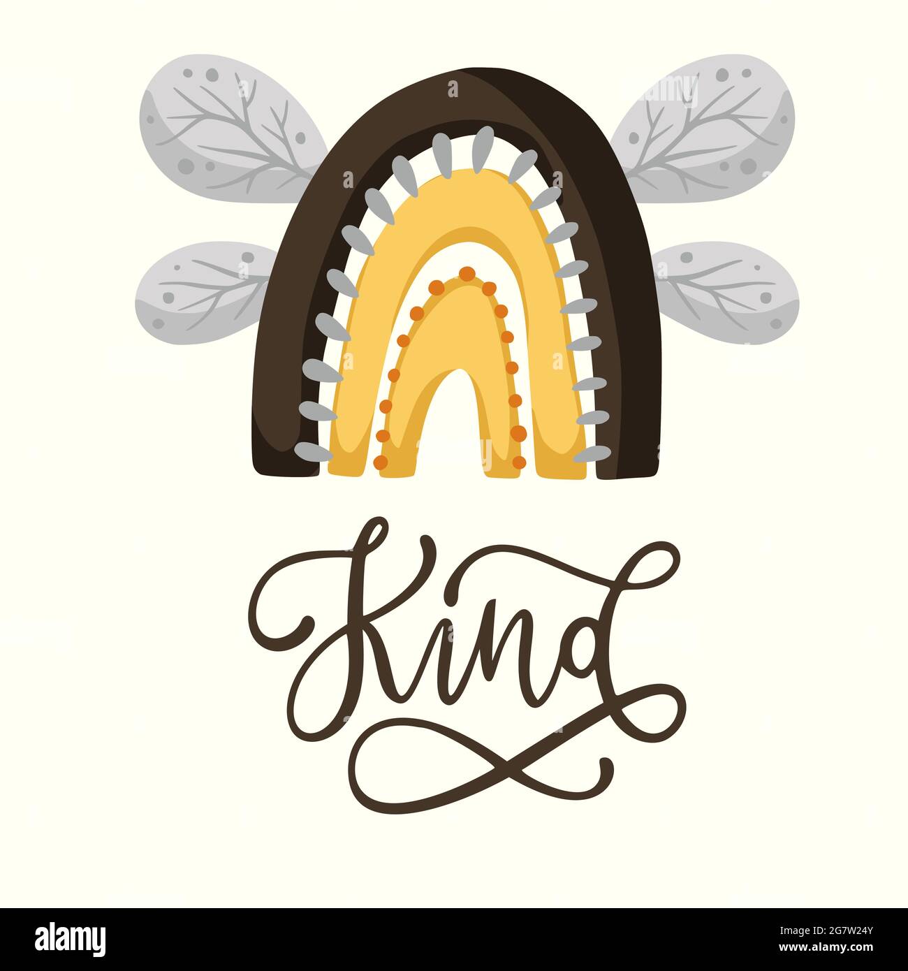 Yellow bee rainbow with wings cute kids vector card. Love boho poster ...