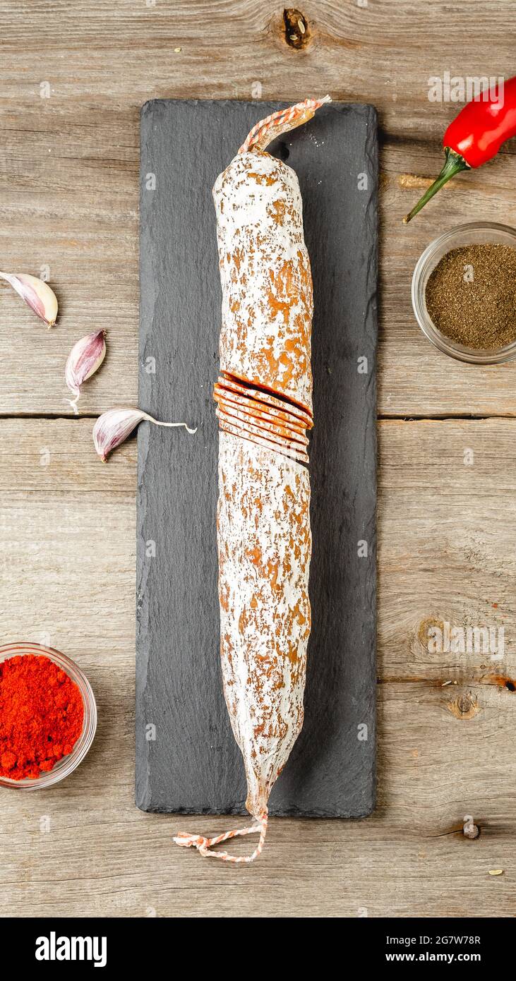 Chorizo Salami Sausage with Penicillium Edible Mold on the outside on a ...