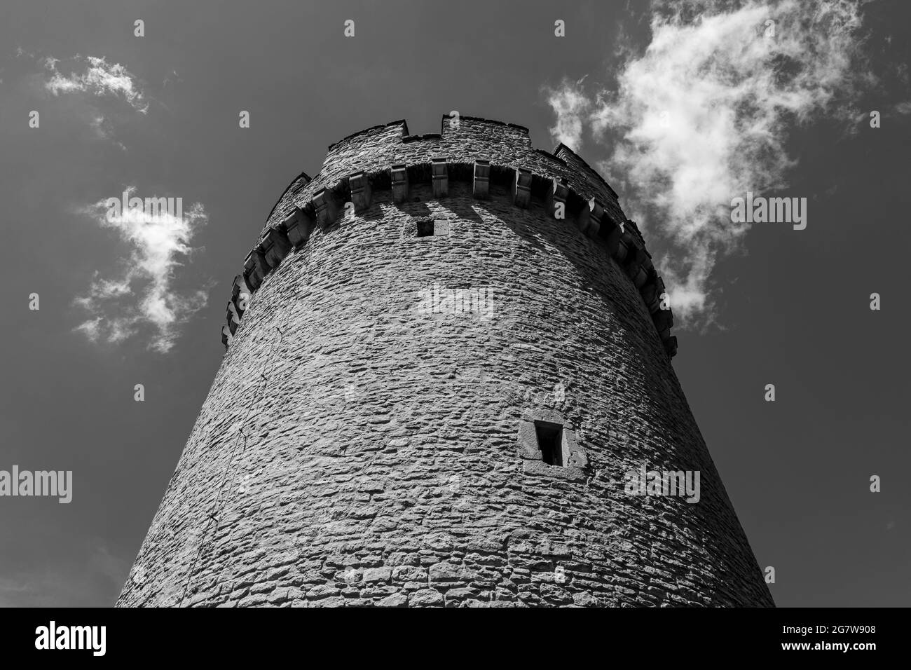 Low-angle shot of a tower of a fort in grayscale Stock Photo - Alamy