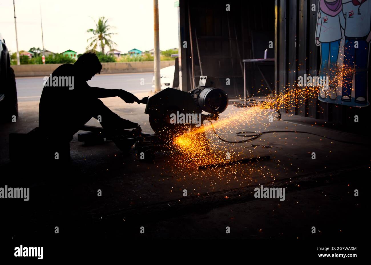 Welder used grinding stone on steel in factory with sparks, Welding ...